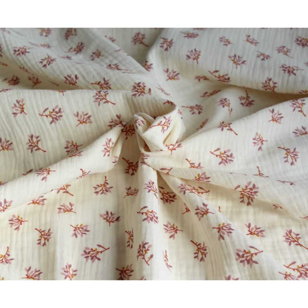 Tissu double gaze coton motif FEUILLES vintage oeko-tex